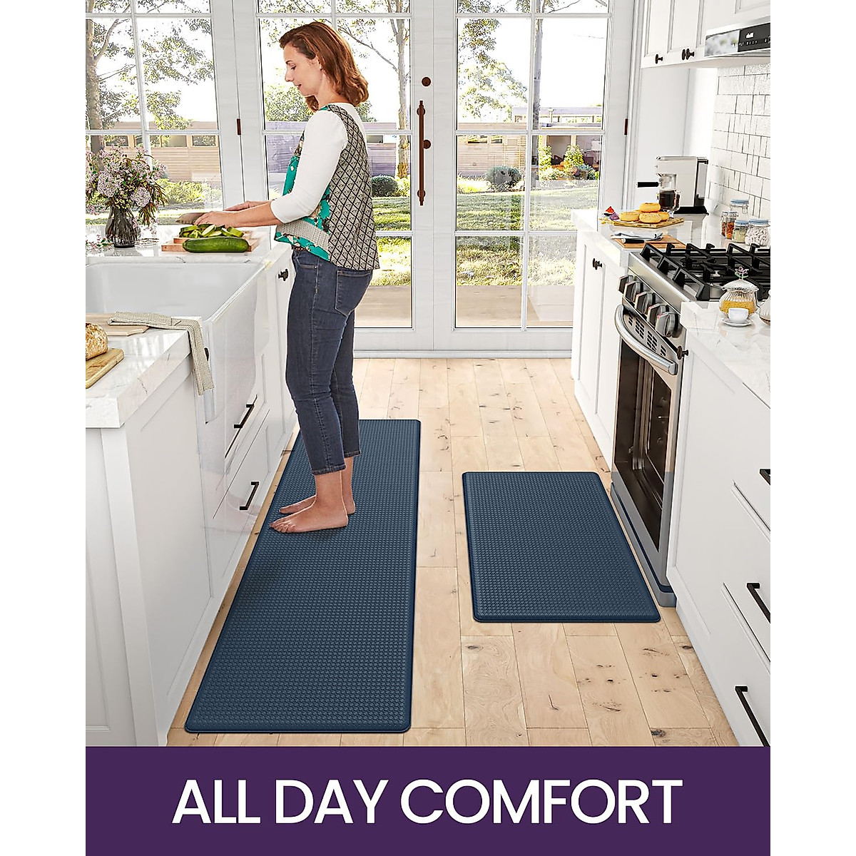 DEXI Kitchen Floor Mats Cushioned Anti Fatigue,17x29+17x59, Standing Runner Rug Waterproof, Comfort Memory Foam Padded for Front Sink Laundry Set of 2, Navy