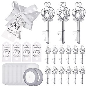 Winocbxt 100Pcs Rose Flower Key Bottle Openers for Bridal Shower Favors or Wedding Gifts,Souvenirs to Guests with Pillow Candy Box ,Thank You Tags and Satin Ribbon