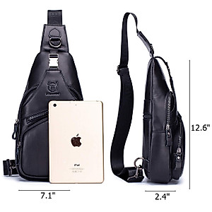 BULLCAPTAIN Leather Men Sling Bag Casual Crossbody Chest Bags Travel Daypack (Black)