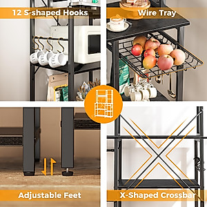 SUPERJARE Large Bakers Rack with Power Outlets, 6-Tier Microwave Stand, Coffee Bar with 12 S-Shaped Hooks, Kitchen Shelf with Wire Basket, 39.3 x 15.5 x 66.9 Inches, Black