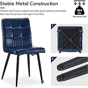 CLIPOP Kitchen Faux Leather Dining Chairs Set of 4, Mid-Century Modern Dining Chair with with Square Grid Design Backrest Heavy Duty Metal Legs, Armless Kitchen Accent Chair for Living Room, Blue