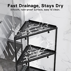 Kawaiita Corner Shower Caddy Stand, 3 Tier Floor Shower Organizer Stands for Inside Shower, Bathtub, Bathroom Corner Shower Shelf Rack with Adjustable Feet & 4 Hooks, Metal, Matte Black