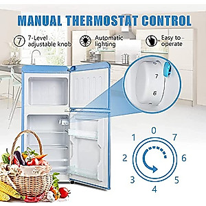KRIB BLING Refrigerator with Freezer 3.5 Cu.Ft with 7 Level Adjustable Thermostat Control 2 Door Energy Saving Top-Freezer Compact Refrigerator Blue