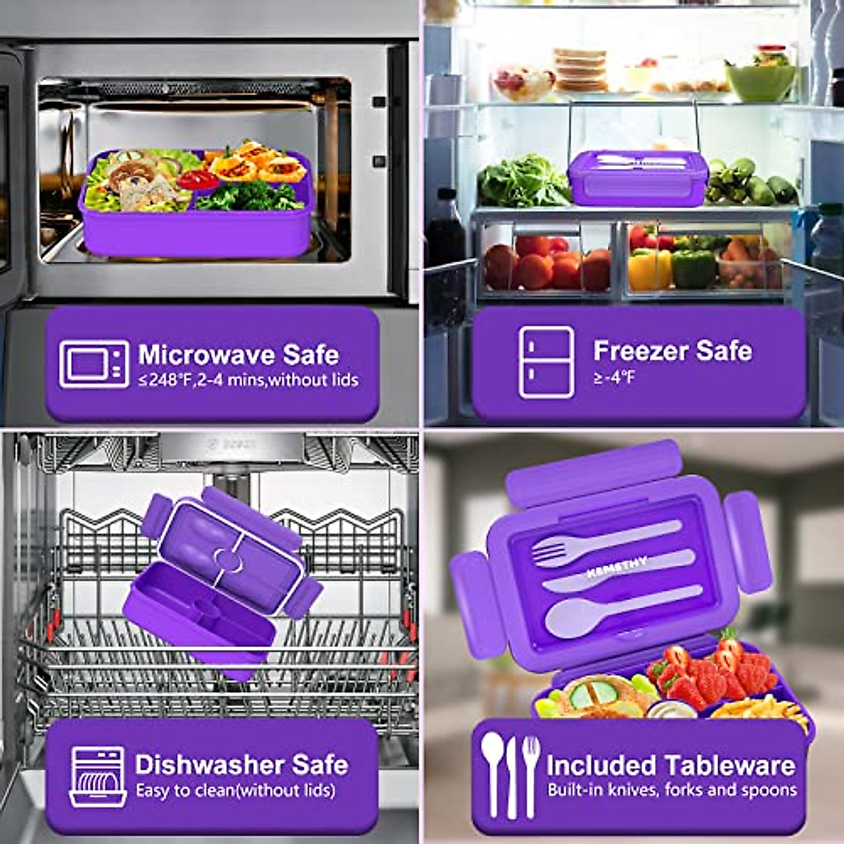 KEMETHY Bento Lunch Box for Kids, Purple, 4 Compartment Leakproof Lunch Box with Built-in Utensils, Microwave/Dishwasher/Freezer Safe, BPA-Free and Reusable
