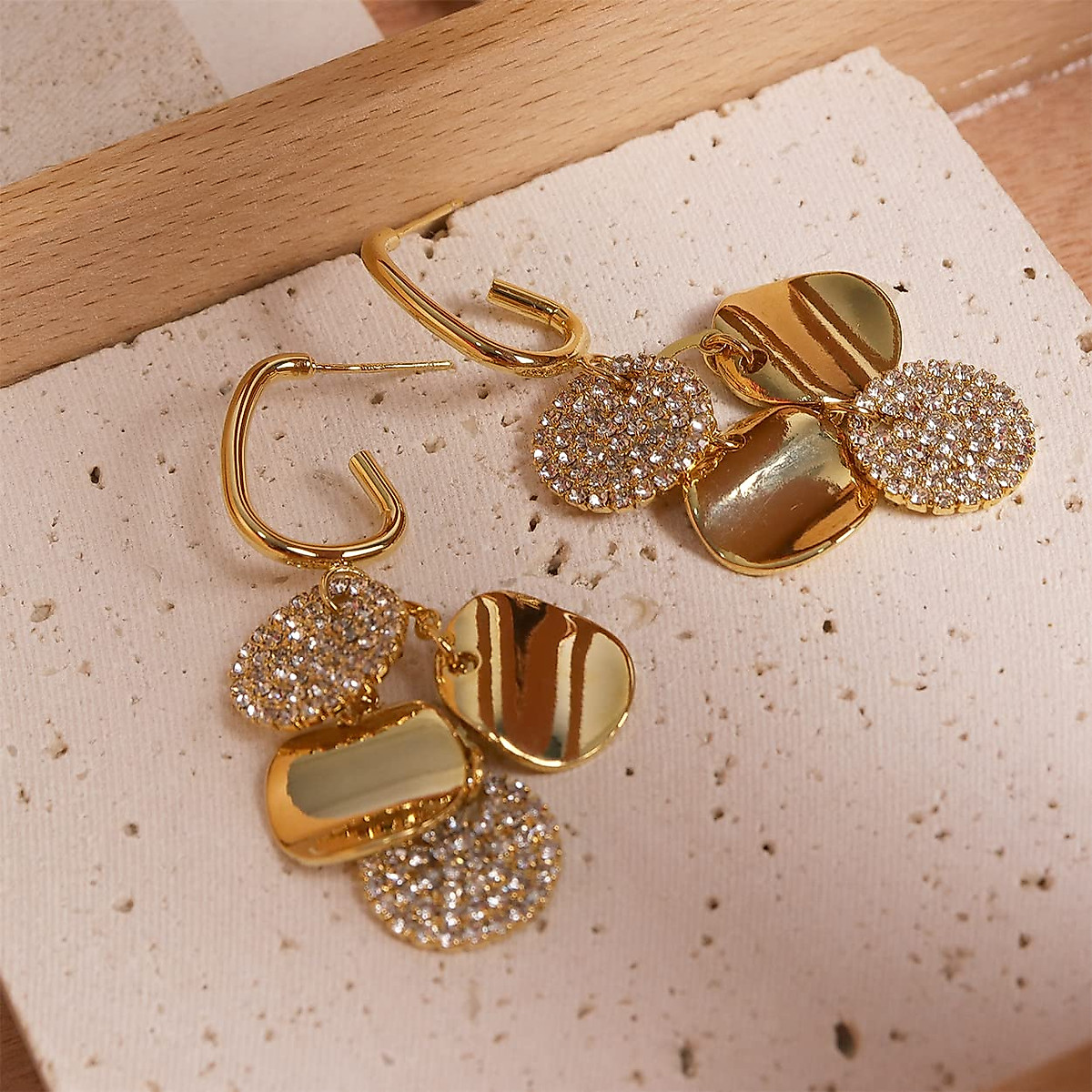 Sonateomber Open Hoop Baroque Circle Disc Statement Gold Drop Dangle Earrings for Women - Sparkly Cubic Zirconia Round Curved Wavy Sequin Coin Dangling Fashion Earring Jewelry Gift