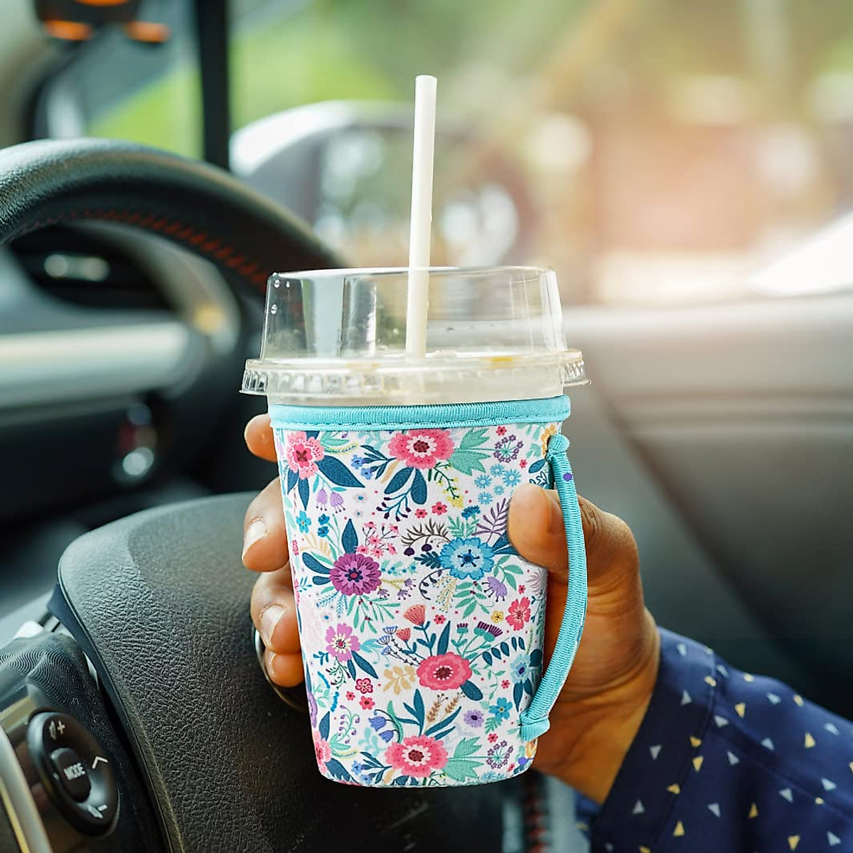 3 Reusable Iced Coffee Sleeves for Iced Coffee Cups or Drinks Reusable Neoprene Insulated Sleeves for Hot and Cold Drinks from Starbucks, Dunkin, And More (White Flower Bush)