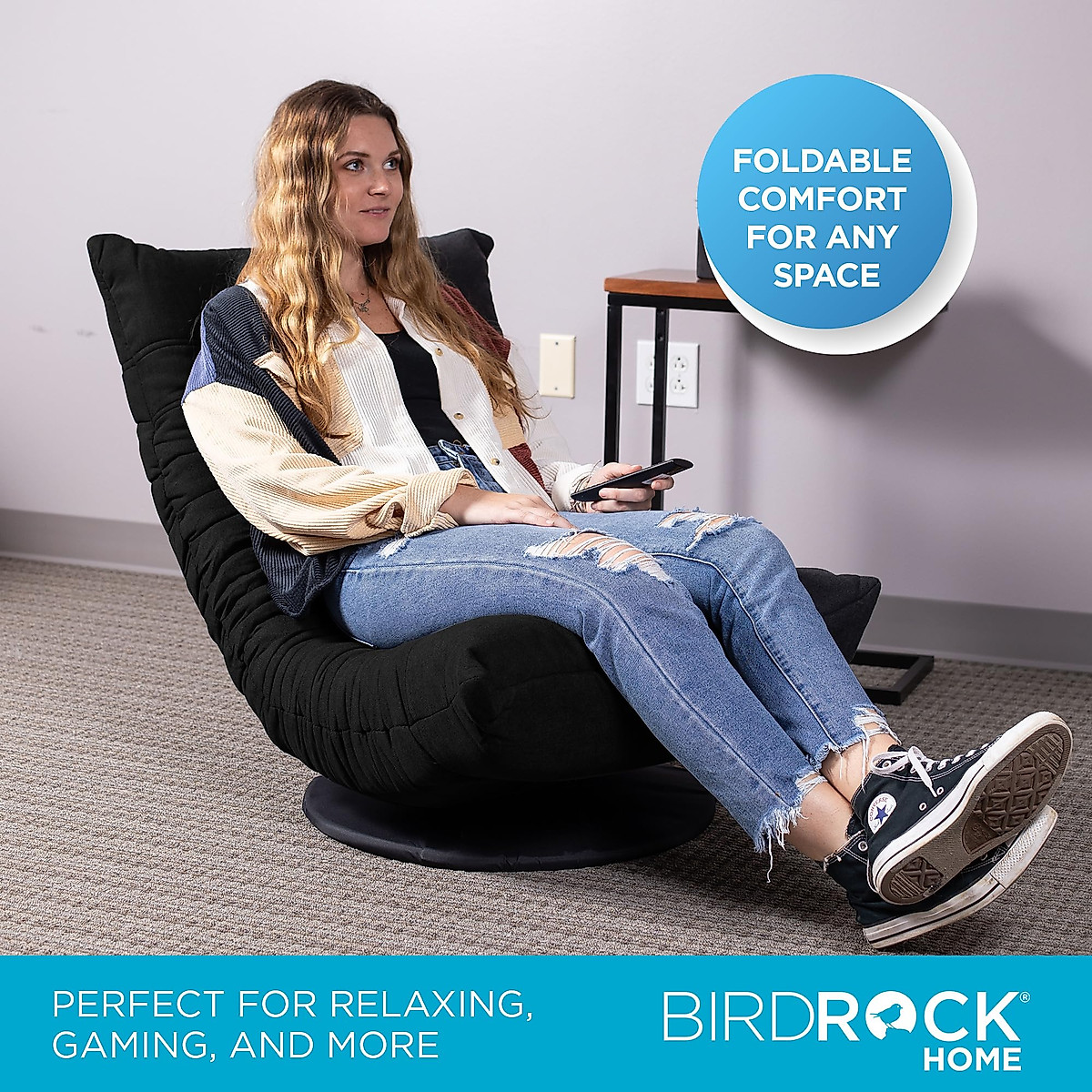 BIRDROCK HOME Swivel Floor Chair for Adults & Kids - 360-Degree Rotating Lounge Chair - 8" Thick Cushion Banana Chair Foldable & Comfy Back Support Seat for Gaming Reading Watching Relaxing - Charcoal