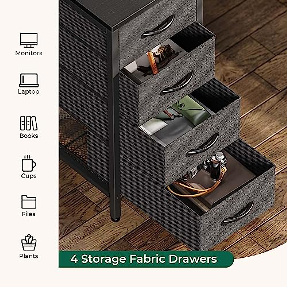 Huuger 55 inch Computer Desk with 4 Drawers, Gaming Desk with LED Lights & Power Outlets, Home Office Desk with Large Storage Space for Bedroom, Work from Home, Black