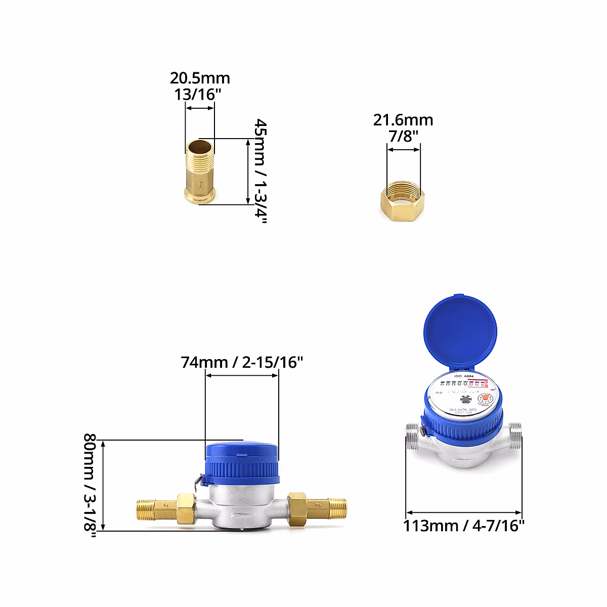 QWORK Water Meter, 1/2" NPT 304 Stainless Steel Cold Water Flow Meter with Pulse Output, for Garden and Home Use, Includes 2 pcs 1/2"NPT Thread Adapter