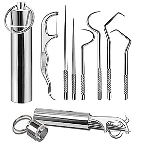 7Pcs 2 Set Portable Stainless Steel Toothpicks Pocket Set, Reusable Metal Toothpicks Cleaning Kit with Holder for Outdoor Picnic Camping Traveling