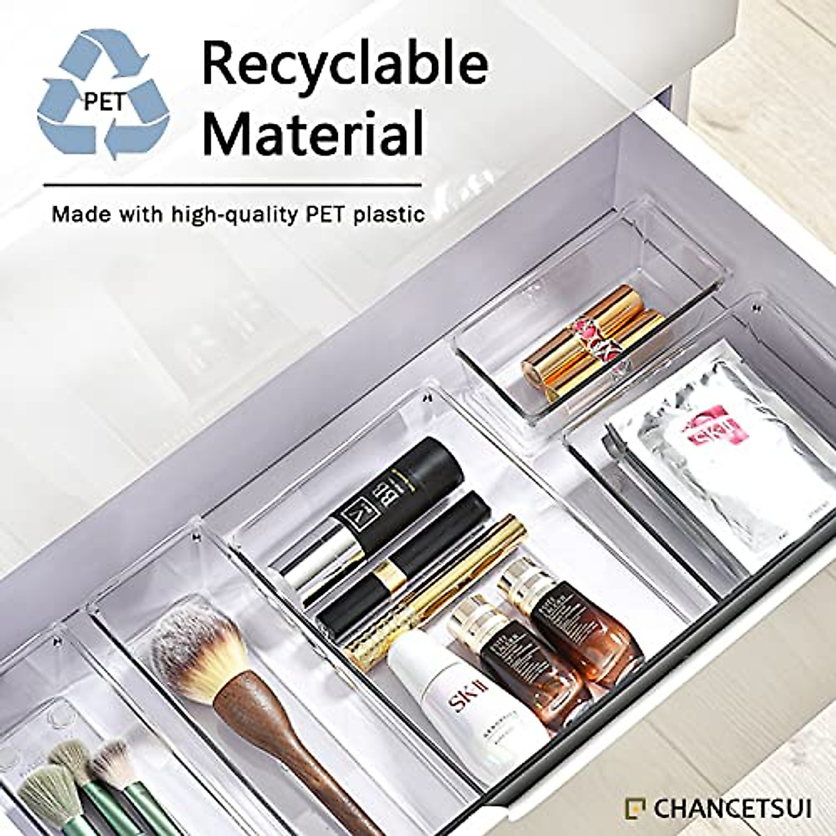 10 Pcs Clear Plastic Drawer Organizers Trays with Non-Slip Silicone Pads, Desk Versatile Kitchen Drawer Organizer Bins Tray for Makeup Bedroom Office, Bathroom Countertop Organizer for Cosmetics
