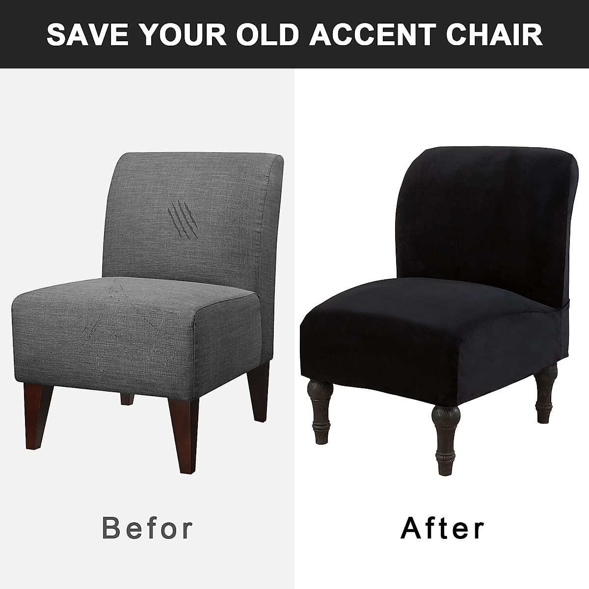 GULI Armless Chair Slipcover, Stretch Velvet Accent Chair Cover for Dining Chair, Removable Wingback Chair Slipcover and Washable Furniture Protector slipcovers for Wide Back Chairs (Black)