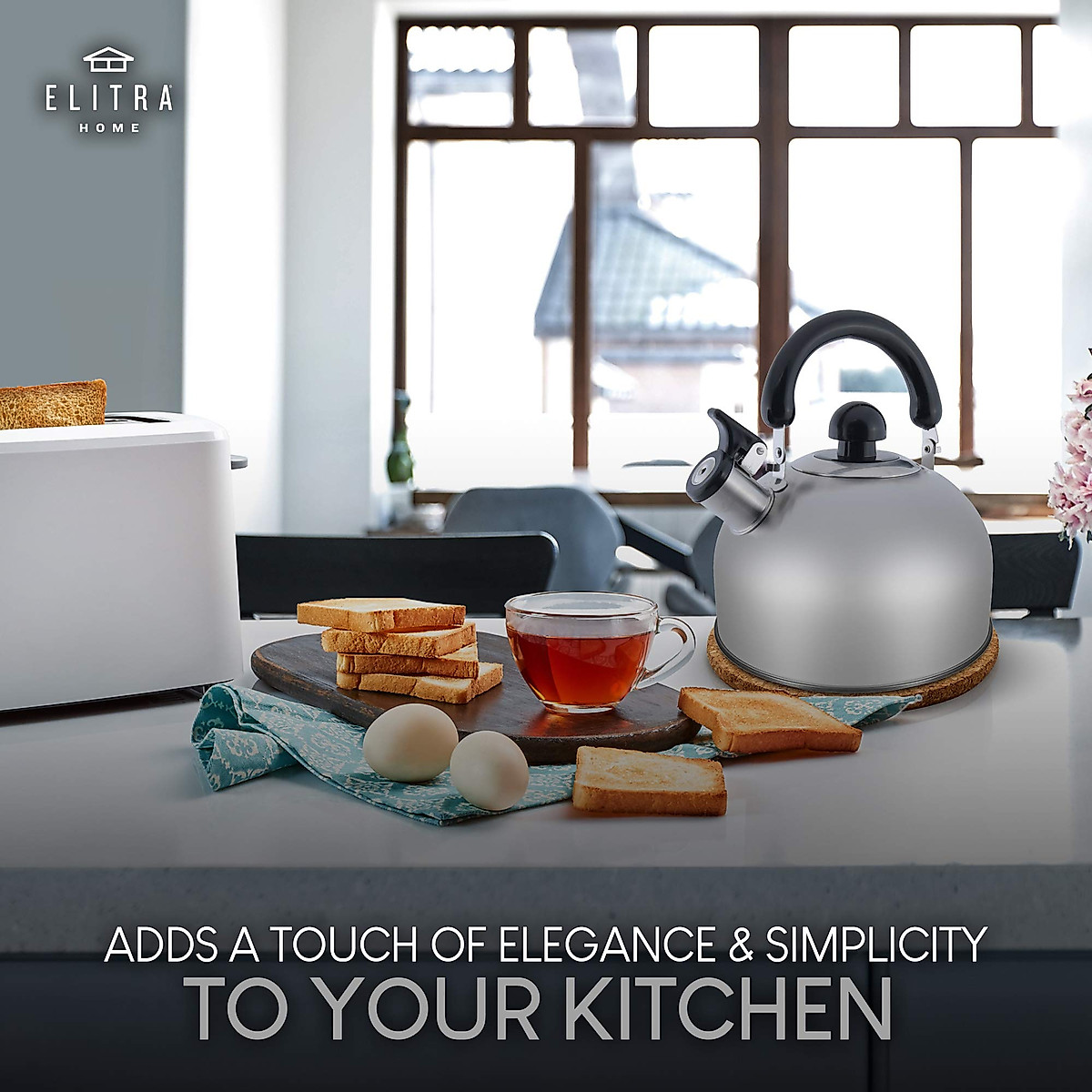 ELITRA HOME Whistling Tea Kettle Stainless Steel Tea Pot with Stay Cool Handle 2.6 Quart / 2.5 Liter (SATIN)