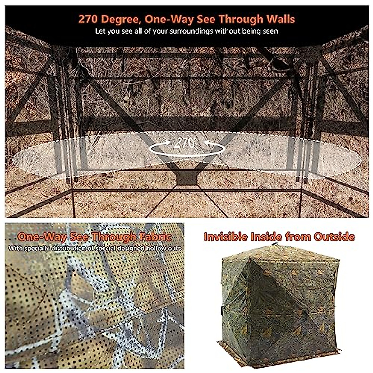 BASSDASH Hunting Blind 270 Degree One-Way See Through 2 Person Portable Pop Up Ground Hunting Tent with Detachable Blackout Wall Curtain, Frame Door, Carrying Backpack for Deer Turkey Hunting