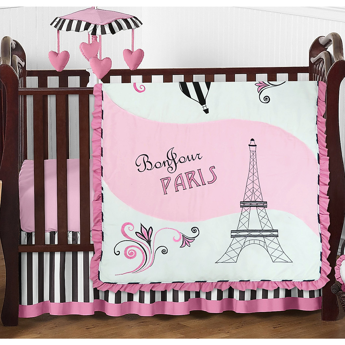 Sweet Jojo Designs Paris Girl Fitted Crib Sheet Baby or Toddler Bed Nursery Photo Op - Hot Pink, Black and White Eiffel Tower Striped Hot Air Balloon