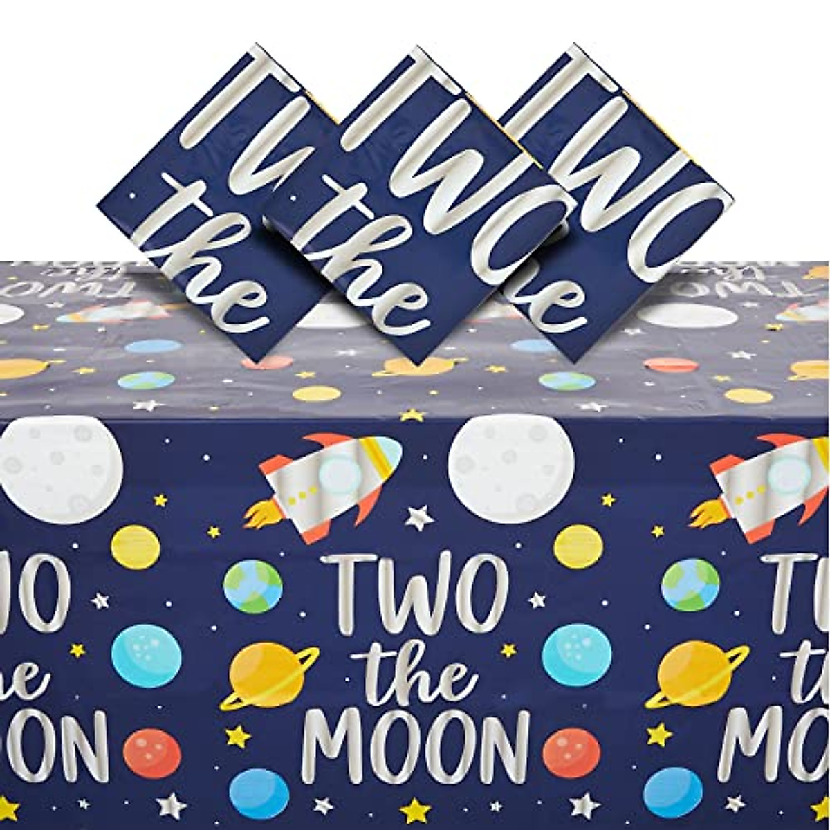 BLUE PANDA 3 Pack Two The Moon Tablecloth for 2nd Birthday Party, Table Cover Party Decorations (54 x 108 in)