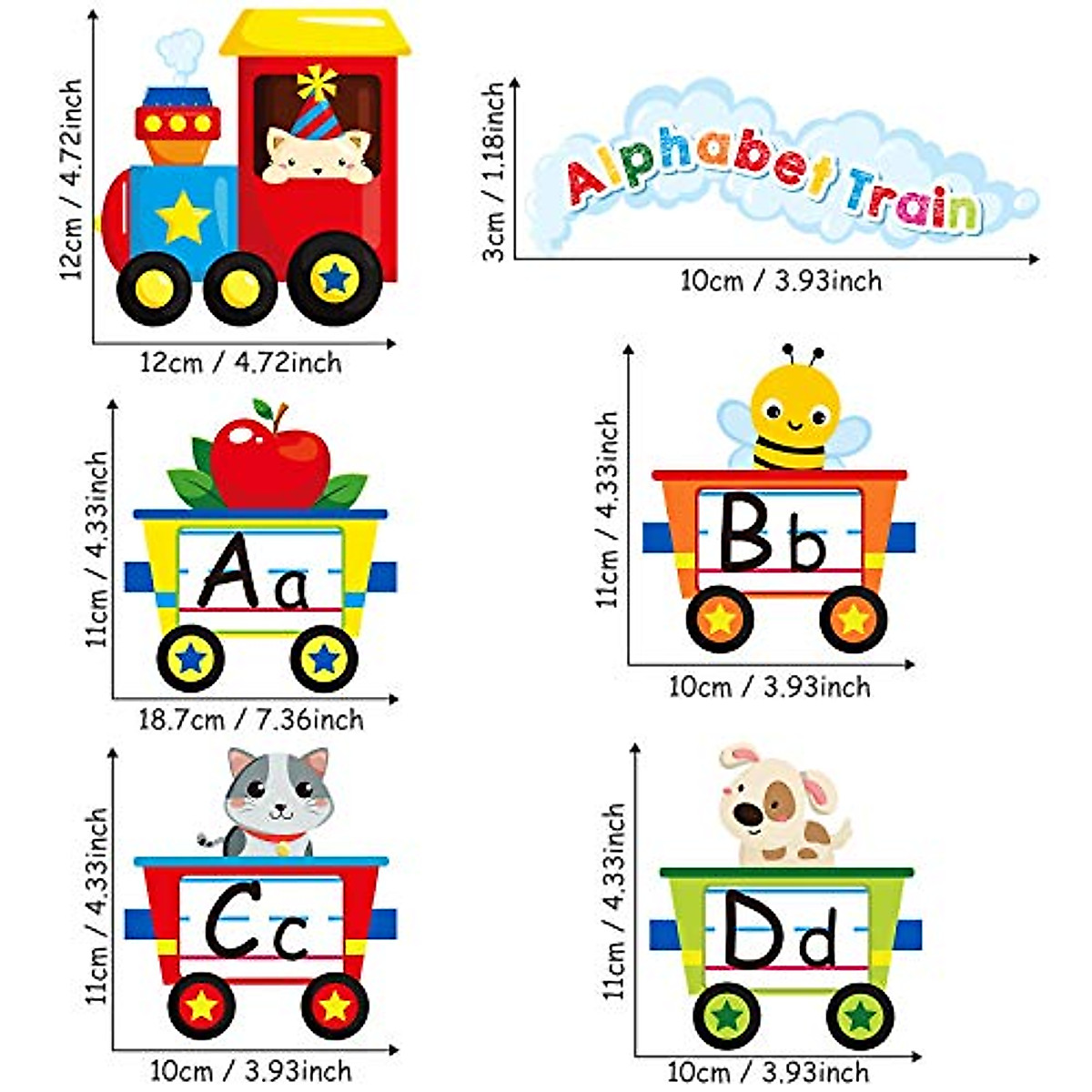 Alphabet Train Wall Decals Peel Stick Animals Alphabet Wall Sticker Early Learning Classroom Bedroom Nursery Playroom Decoration for Children Kids Teens (6 Pieces)