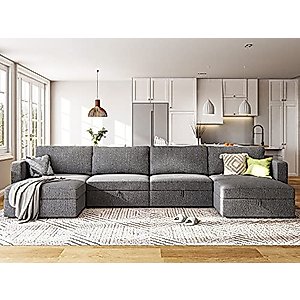 HONBAY Reversible Modular Sectional Couch U Shaped Modular Sofa with Wide Chaise Oversized Modular Sectional Sofa with Storage Seat, 149'', Light Grey