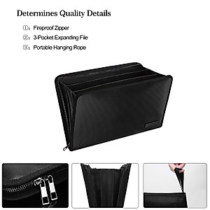 Expanding File Folder Important Document Organizer Fireproof & Waterproof Document Bag with A4 Size 3 Pockets Zipper Closure Non-Itchy Silicone Coated Portable Filing Wallet Pouch(14.3inx9.8inx1.6in)