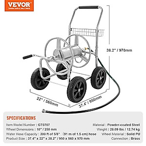 VEVOR Hose Reel Cart, Hold Up to 300 ft of 5/8’’ Hose, Garden Water Hose Carts Mobile Tools with 4 Wheels, Heavy Duty Powder-Coated Steel Outdoor Planting with Storage Basket, for Garden, Yard, Lawn