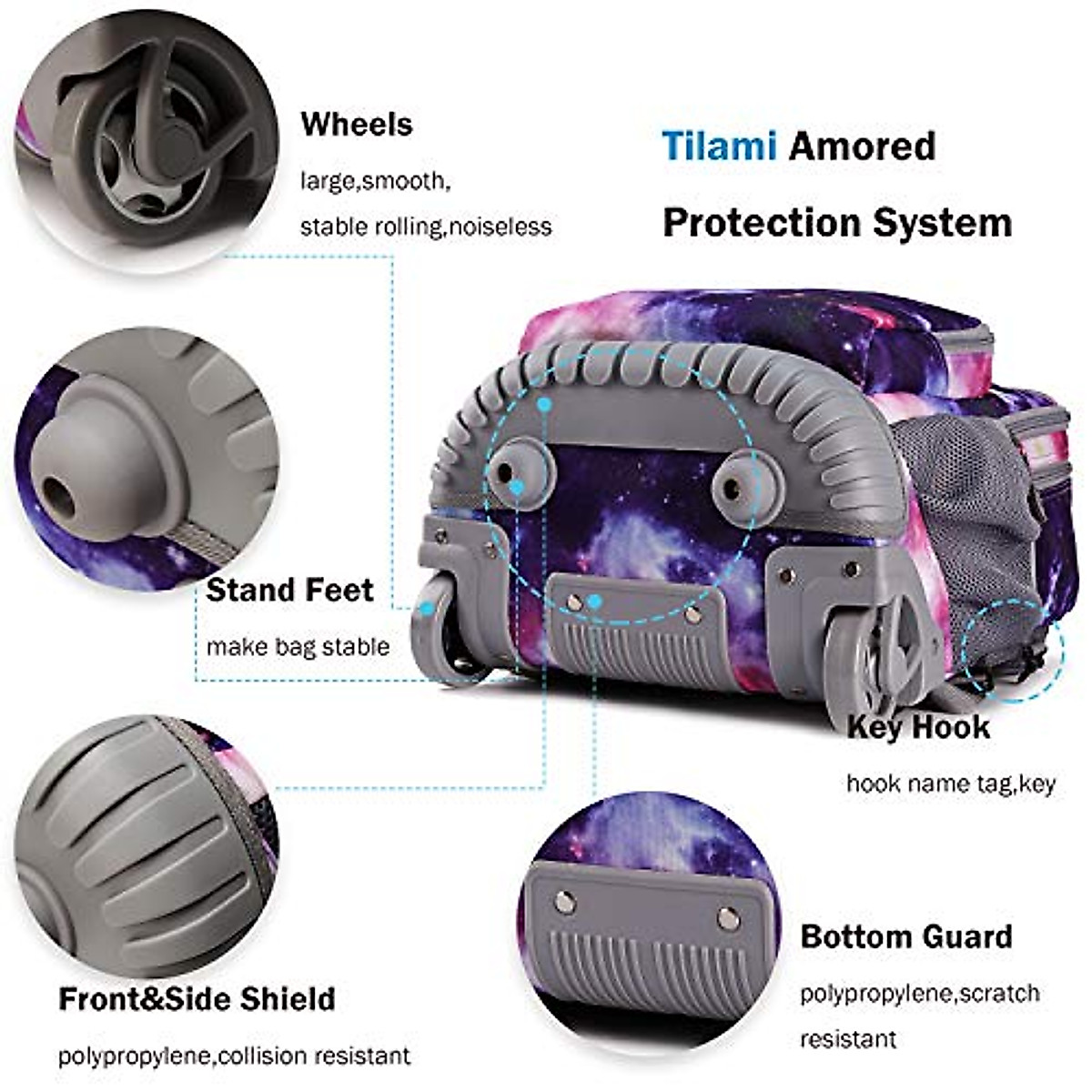 Tilami Rolling Backpack 19 inch with Lunch Bag Wheeled Laptop Backpack, Galaxy Purple