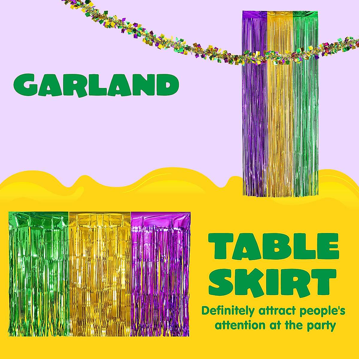JOYIN 5PCS Mardi Gras Party Decoration with 1 PCS Fringe Curtain, 3 PCS Table Skirt and 1 PCS Garland Pack Mardi Gras Party Favor Supplies