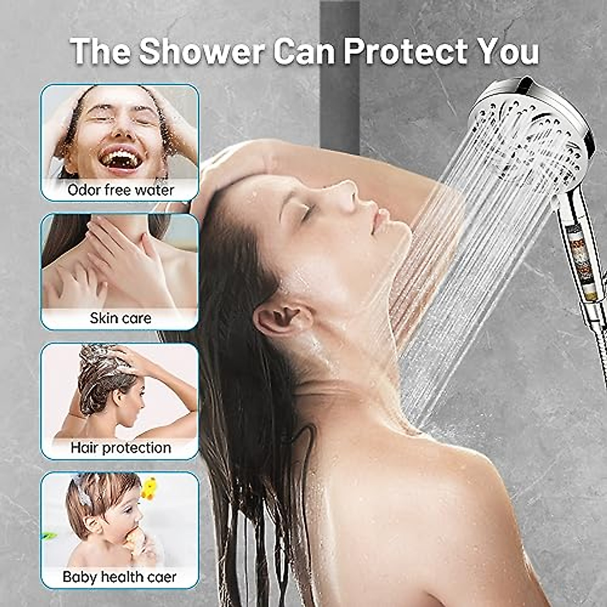 High Pressure Shower Head with Handheld - Filtered Shower Head with Pause and Jet 𝟏𝟎 Modes, Removable Powerful Pressure Hand Held Showerhead with Extra Long Hose and Detachable Filter