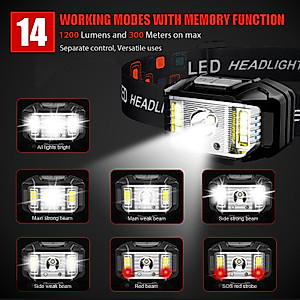 Headlamp Rechargeable,JNDFOFC 1200 Lumen Super Bright Motion Sensor LED Head Lamp flashlight, 2 PACK Waterproof Headlight with White Red Light,14 Modes Head Lights for Outdoor Camping Fishing Running