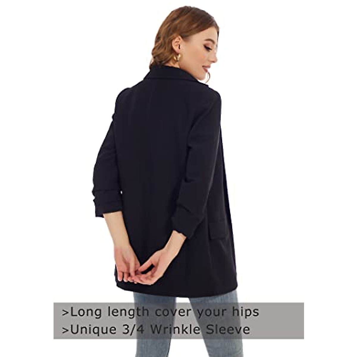 Black Blazers for Women Business Casual Lined Summer Blazer for Women Lightweight Ruched 3/4 Sleeve Open Front Work Office Light Fitted Suit Blazer(L)