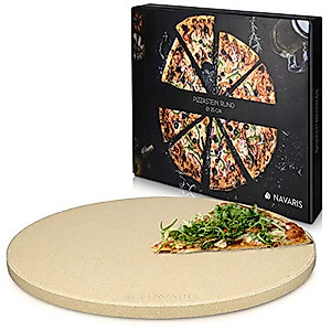 Navaris 14 Inch Round Cordierite Pizza Stone - XXL Baking Stone for BBQ Grill Oven for Homemade Crispy Crust Pizza, Bread, Cheese - Incl. Recipe Book