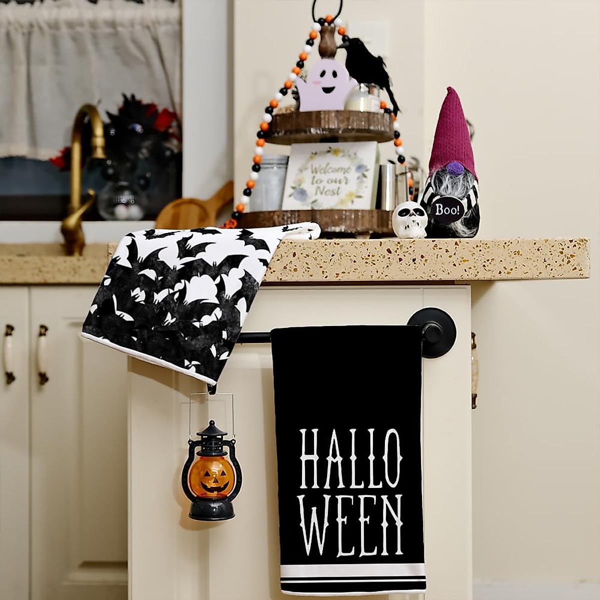 ARKENY Halloween Kitchen Towels Set of 2,Black Bats Dish Towels 18x26 Inch Drying Dishcloth,Farmhouse Home Decoration AD123