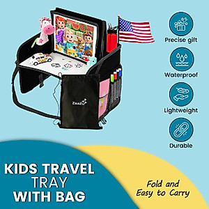 Kids Travel Tray with Bag - Toddler Car Seat Tray, Foldable Lap Travel Table Desk with iPad Holder, Drawing Board, Storage Pocket Organizer for Child Road Trip, Car Stroller, Airplane - Pink