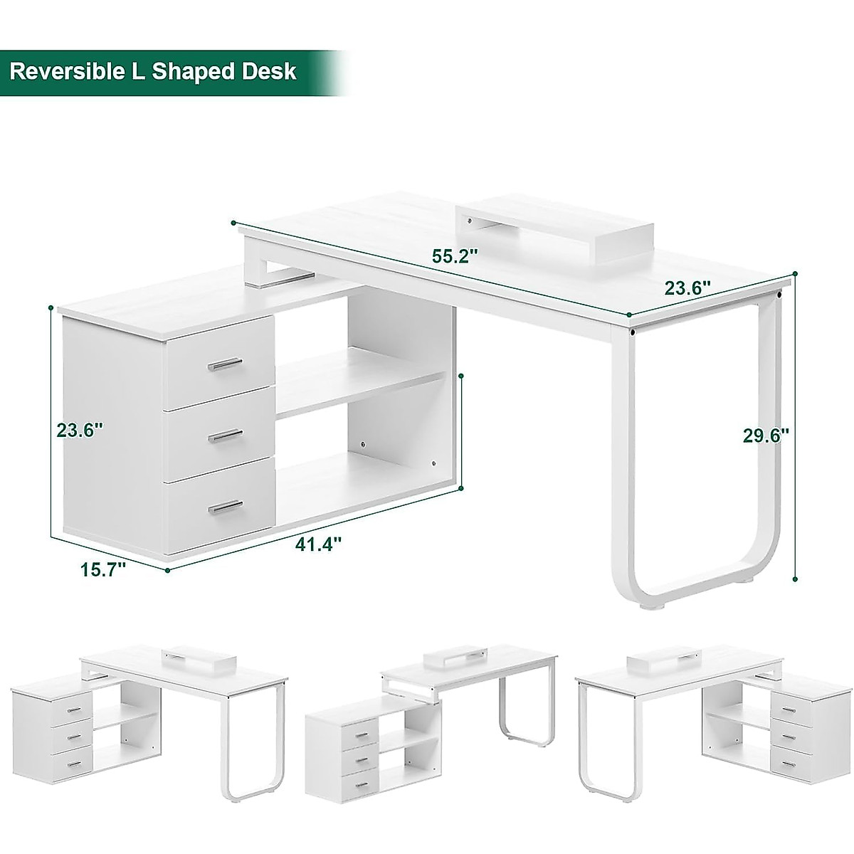 MaverickFurni White Desk with Drawers, 55 Inch White L Shaped Desk with 3 Drawers, Computer Desk with Monitor Stand, White Home Office Sturdy Desk with Storage for Bedroom