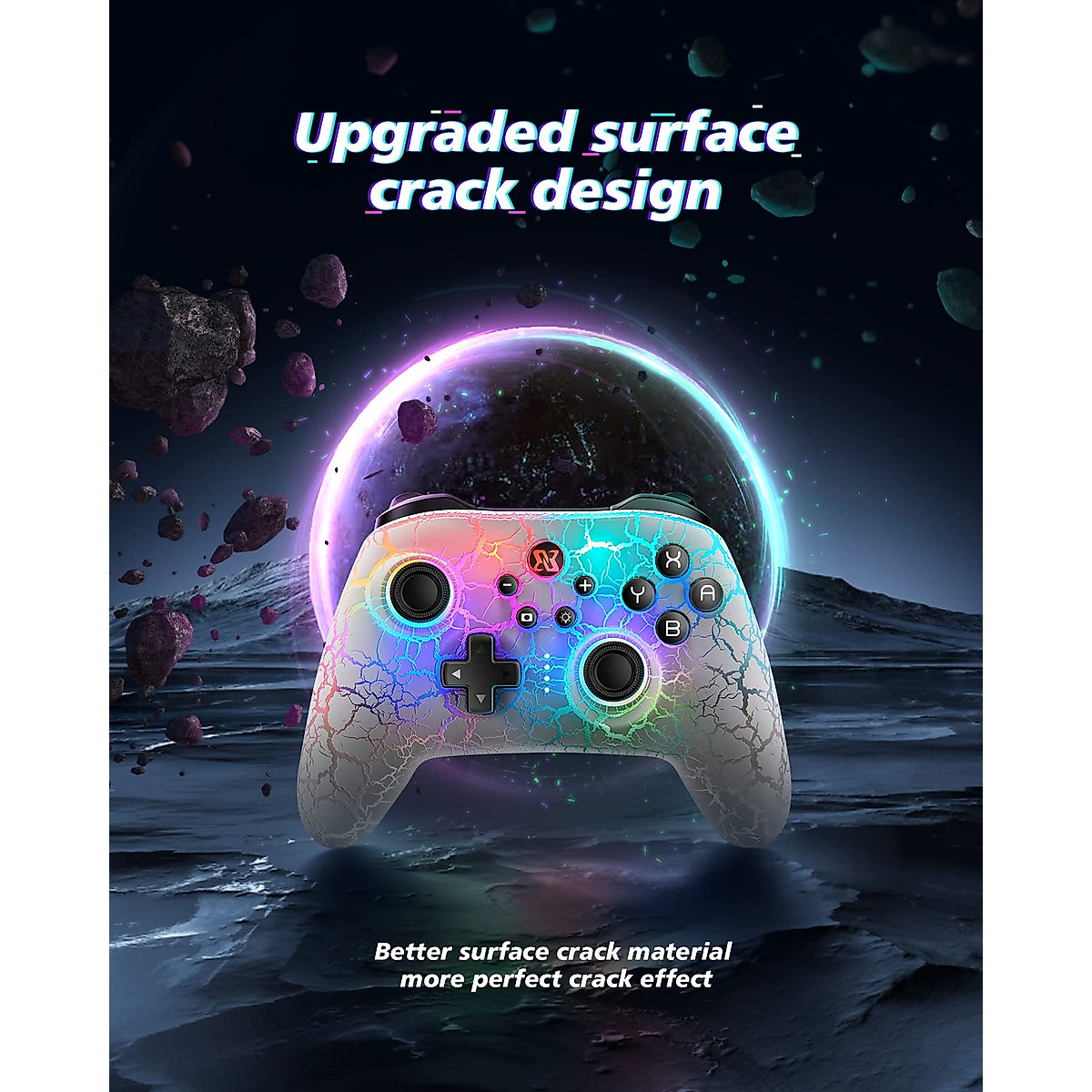 BINBOKPLAY Switch Controller, Wireless Switch Pro Controller for Switch/Switch Lite/Switch OLED, RGB Adjustable LED Wireless Remote Gamepad with Unique Crack/Motion control/Turbo/ALPS Joystick (White)