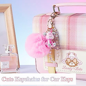 HONYJOOM Teddy Bear Keychain， Pink Keychain Accessories， Key Chains Women Cute， Puff Ball Keychain (Pink)