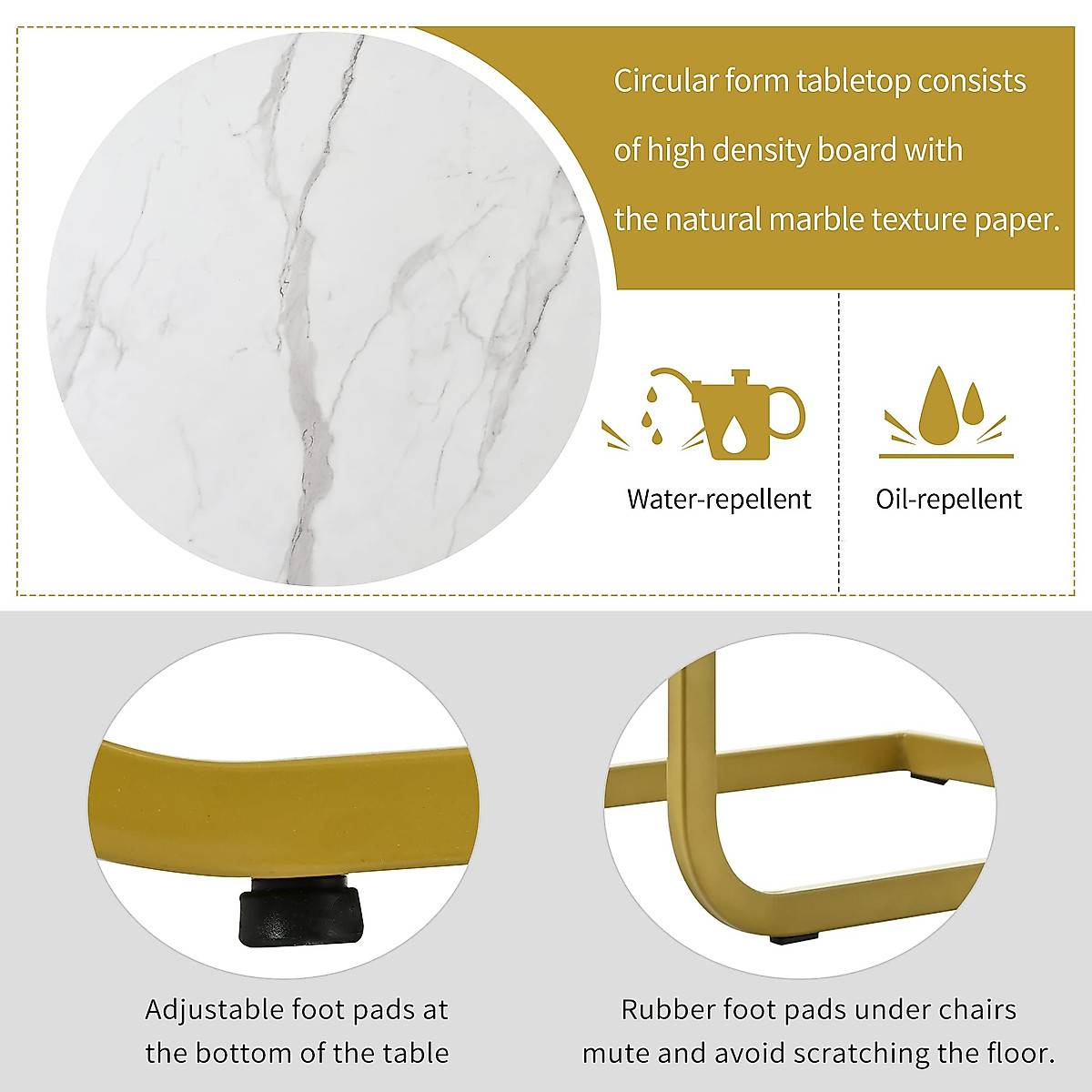 YuiHome 5-Piece Round Dining Furniture Set with Faux Marble Table and Four Chairs with Metal Legs for Kitchen, and Living Room, 5Pcs, White