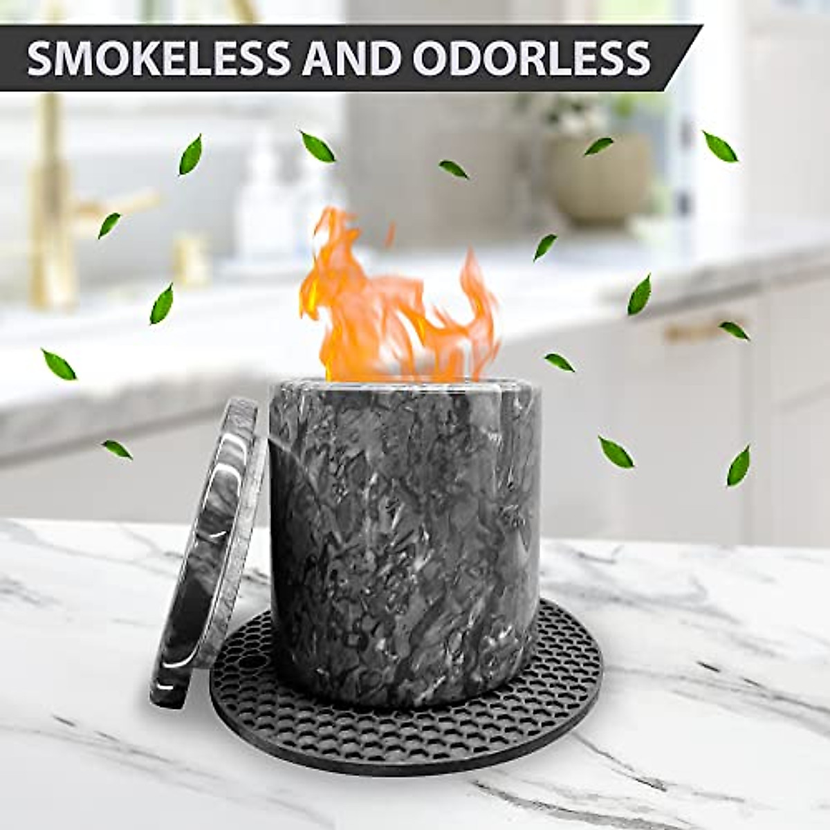 Tabletop Marble Firepit Bowl with Lid and Silicone Mat - Perfect for Indoor and Outdoor Gatherings, Patio Parties, Garden Décor, Camping Trips - Durable and Stylish Design with Natural Stone Finish