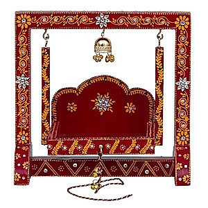 Wooden Jhula with Beautiful Laddu Wooden Jhula for Laddu Gopal janmashtami Jhula Nand Gopal Swing Palna Decorative Showpiece Red Colour 10 inch