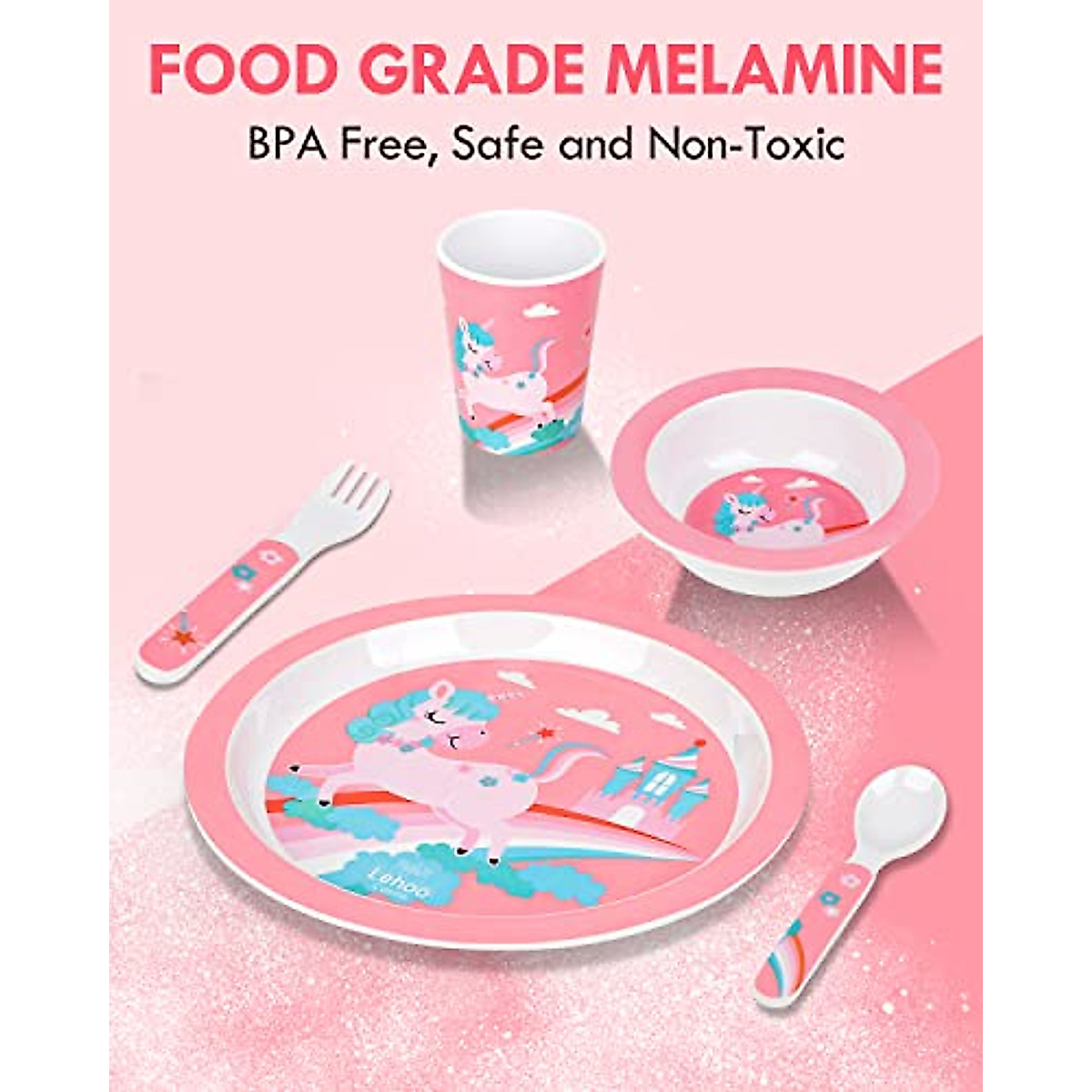 Lehoo Castle Kids Plates and Bowls Sets, 5 Piece Baby Feeding Set - Includes Plate, Bowl, Cup, Fork and Spoon Utensil Flatware, Kids Dinnerware Set for Kids, Toddlers (Unicorn)