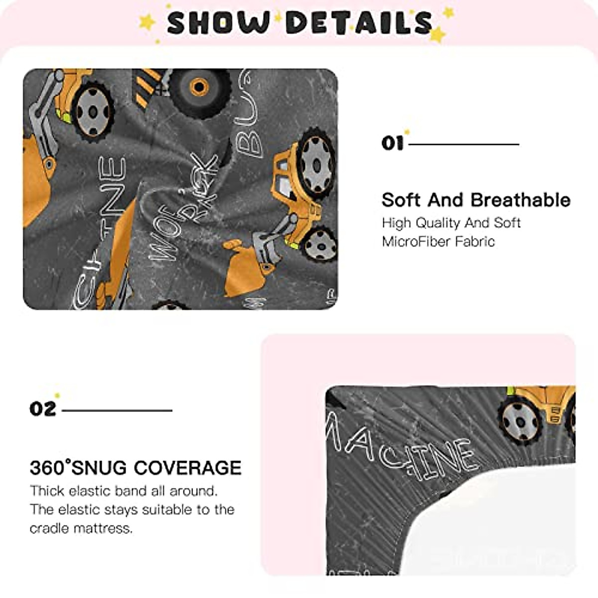 Mazeann Build Truck Car Crib Sheets Soft Breathable Fitted Baby Crib Sheets Mattress Cover for Girl Boys, 52" x 28" x 9"