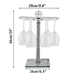 HMRCYTE Crystal Wine Glass Holder, 14" H Silver Wine Glass Rack, Crushed Diamond Home Decor, 6 Hook Freestanding Countertop Stemware Rack, Cup Drying Storage Holder for Kitchen Dinning Table Bar