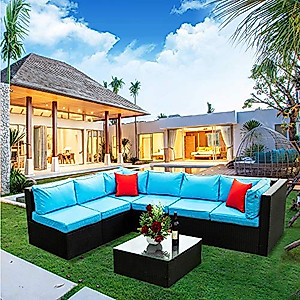 ERYE Weather Conversation, Outdoor Garden PE Rattan Manual Weaving Wicker Sectional Sofa 2 Pillow, 5 Pieces Modular Patio Furniture Set, Black+Light Blue