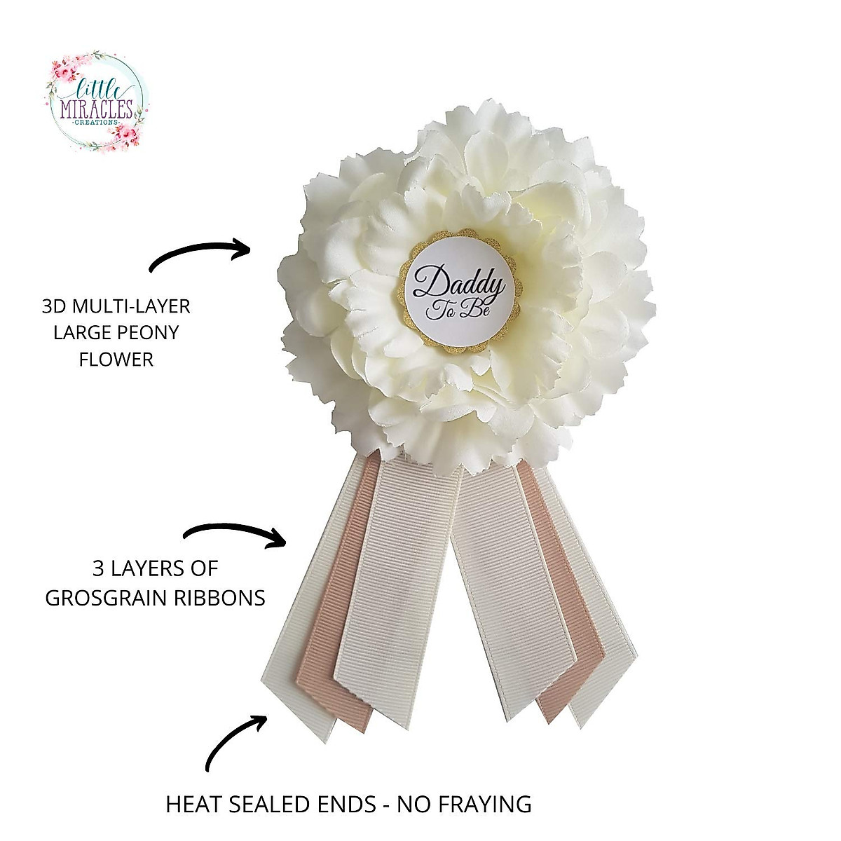 Mom To Be Sash and Dad To Be Pin By LMC | Baby Shower Belly Sash and Corsage | USA Handmade | Heat Sealed Ends | Ivory and Beige (Daddy to be pin)