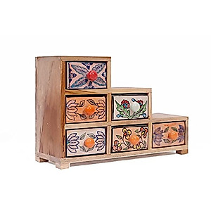 Tyagi-Export -Staircase 6 Drawer Wide Ceramic Organizer Storage Cabinet Chest of Drawers Unique Pottery Wooden Drawer Box Drawers 14 x 4.5 x 9 Inch