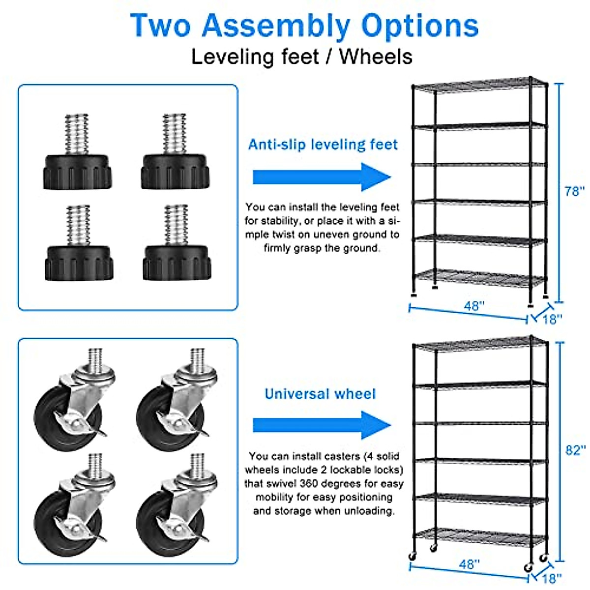 XXkseh Wire Shelving Unit with Wheels, 6 Tier Adjustable Metal Shelving Heavy Duty Storage Shelves 2100 Lbs Capacity 48" L X 18" W X 82" H Metal Shelf for Pantry Kitchen Basement, Black
