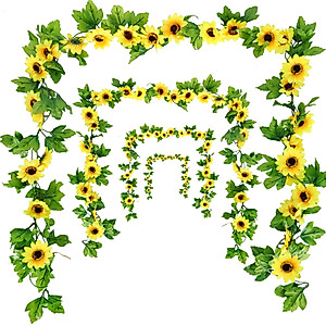 Whonline 8pcs 60ft Artificial Sunflower Garlands Silk Yellow Sunflower Vines with Green Leaves Sunflower Garland for Room Decor Party Decorations Wedding Arch Table Centerpiece Backdrop
