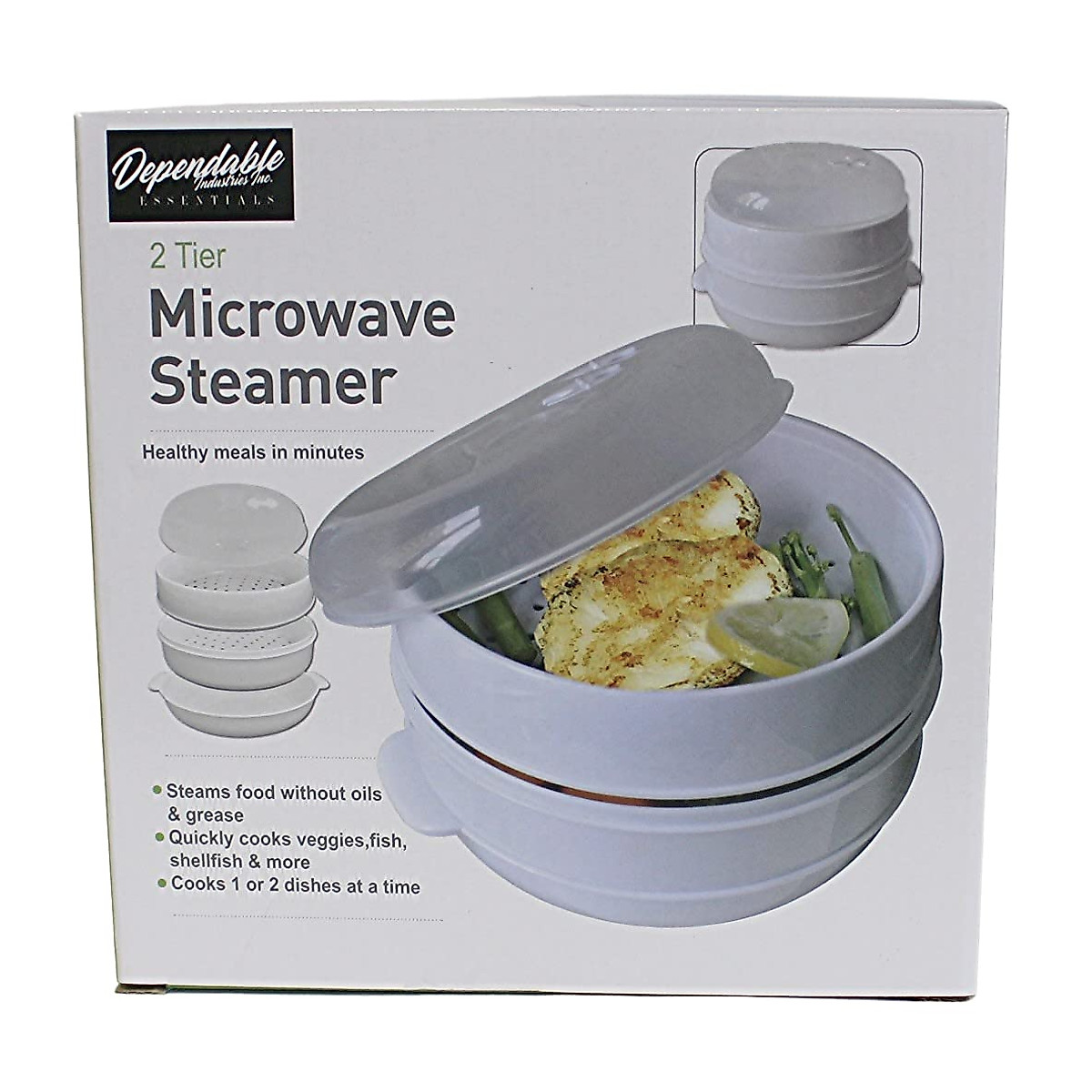 Dependable Industries 2 Tier Microwave Steamer Healthy Cooking Quick Fast Vegetables Meats Poultry Fish No Oil Needed! BPA FREE