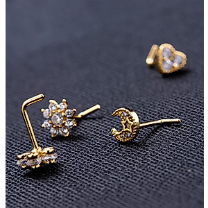 Masedy 9Pcs 20G Stainless Steel Nose Rings L Shaped Nose Studs Flower Screw Nose Rings for Women Men Nose Piercing Set LG