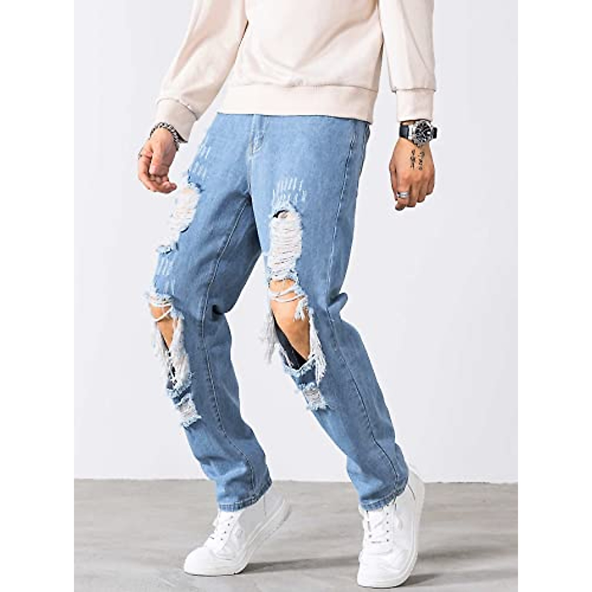 WDIRARA Men's Cut Out Ripped Frayed Zipper Fly Long Straight Leg Denim Jeans Light Wash M