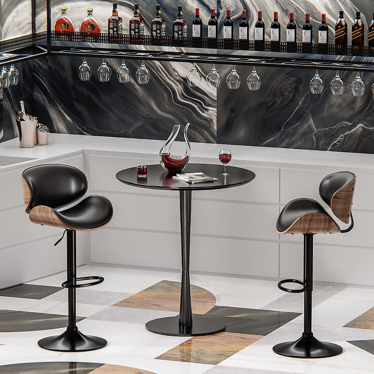 ONME Bar Stools Set of 2, Adjustable Height Swivel Bar Stools, PU Leather Upholstered Bar Chair with Back and Footrest for Bar, Kitchen, Dining Room, Dark Black